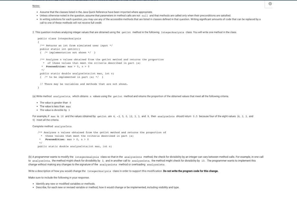 Solved Notes • Assume that the classes listed in the Java | Chegg.com