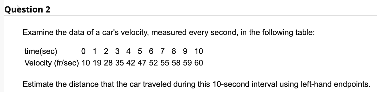 Solved Examine the data of a car's velocity, measured every | Chegg.com