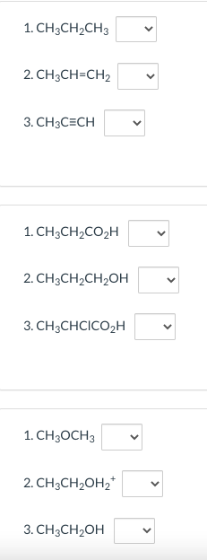 Solved 1. CH3CH2CH3 2. CH2CH=CH2 3. CH3CECH 1. CH3CH2CO2H 2. | Chegg.com