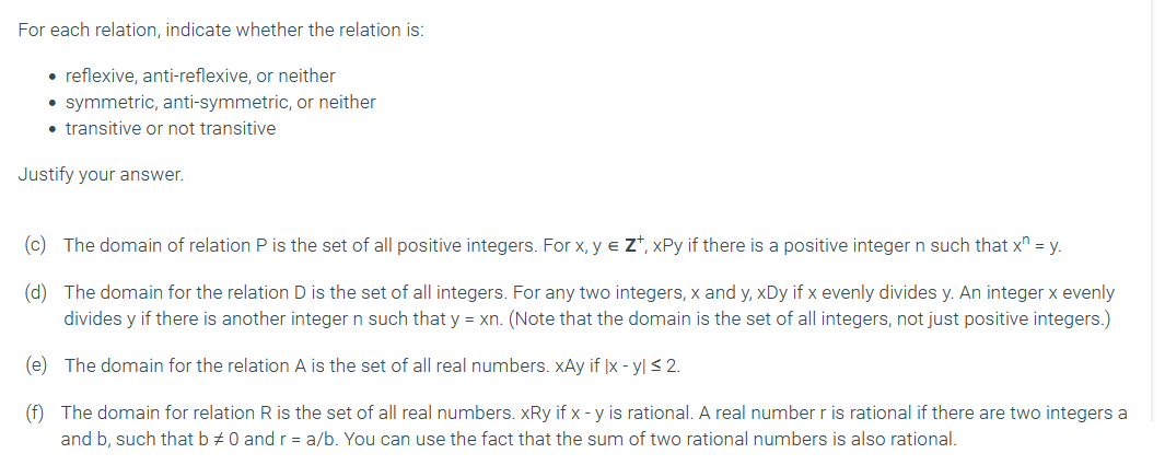 Solved For each relation, indicate whether the relation is: | Chegg.com