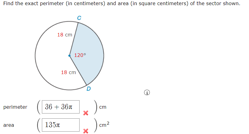 Solved Find the exact perimeter (in centimeters) ﻿and area | Chegg.com