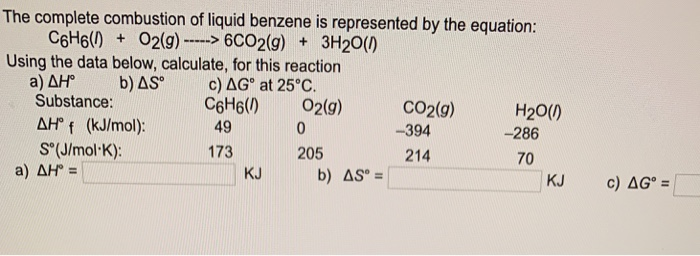 Solved The complete combustion of liquid benzene is | Chegg.com