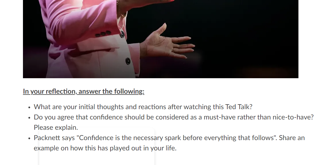 Solved TED How to build your confidence -- and spark it in | Chegg.com