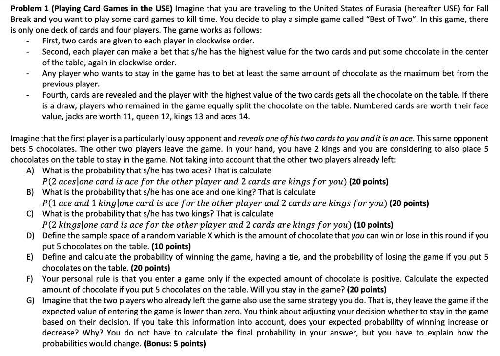 Solved Problem 1 (Playing Card Games in the USE) Imagine | Chegg.com