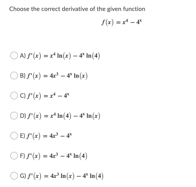 Solved Choose the correct derivative of the given function | Chegg.com