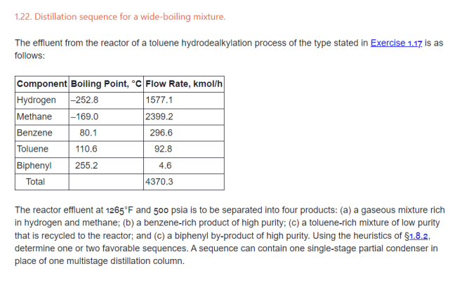 Solved 1.22. ﻿Distillation sequence for a wide-boiling | Chegg.com