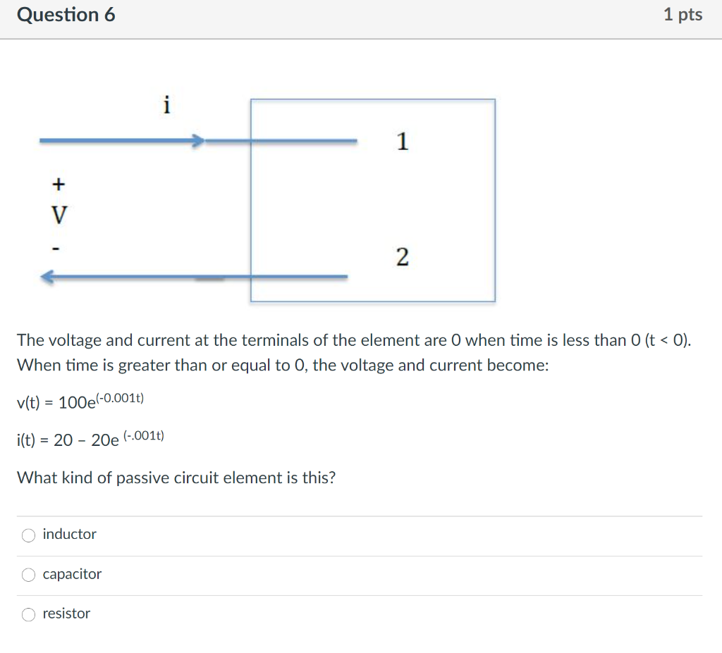 Solved Question 6 1 pts i 1 + V 2 The voltage and current at | Chegg.com