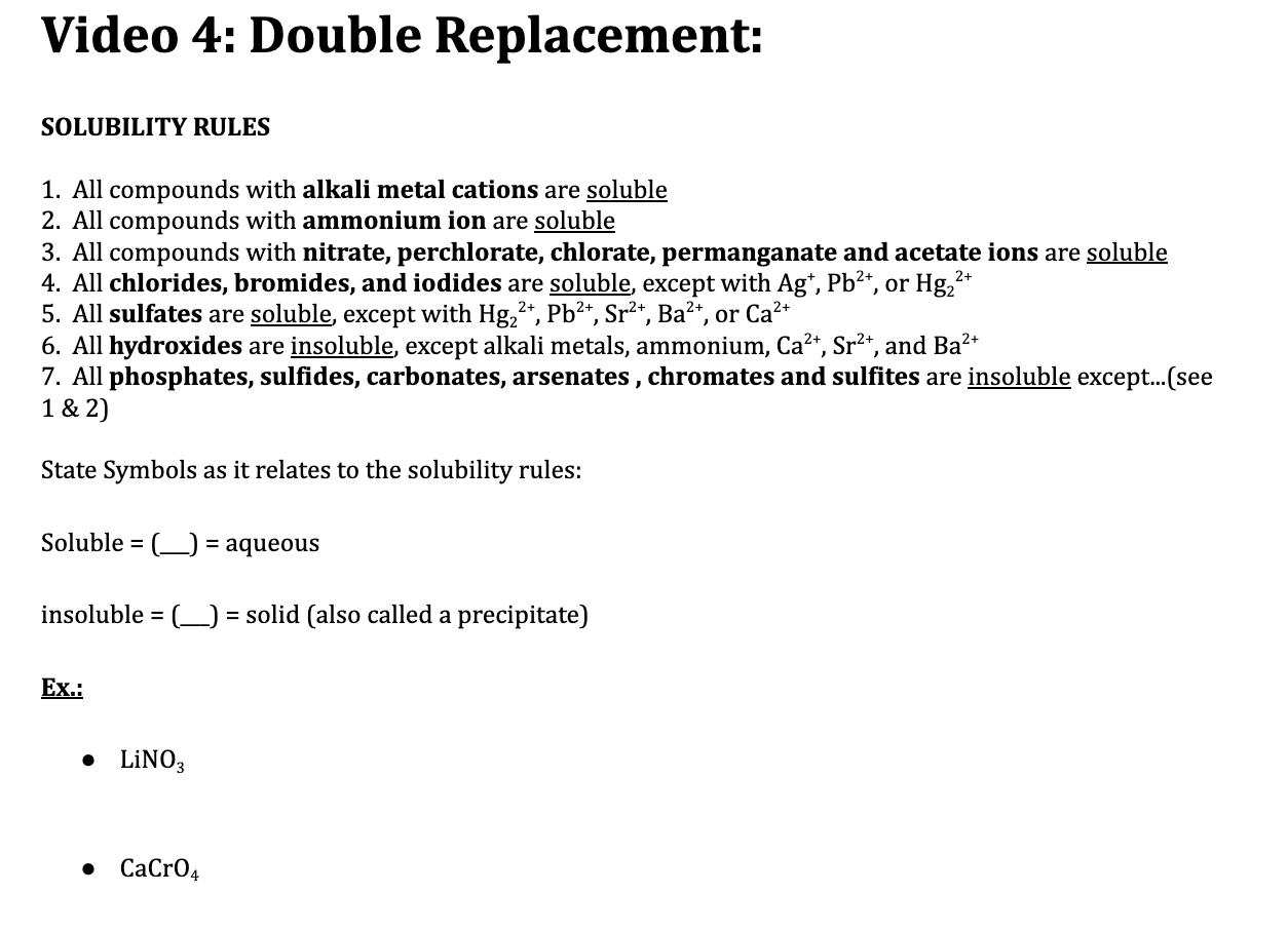 Solved Video 4: Double Replacement: SOLUBILITY RULES 1. All | Chegg.com