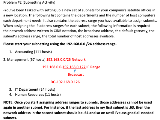 Solved Problem #2 (Subnetting Activity) -You've been tasked | Chegg.com