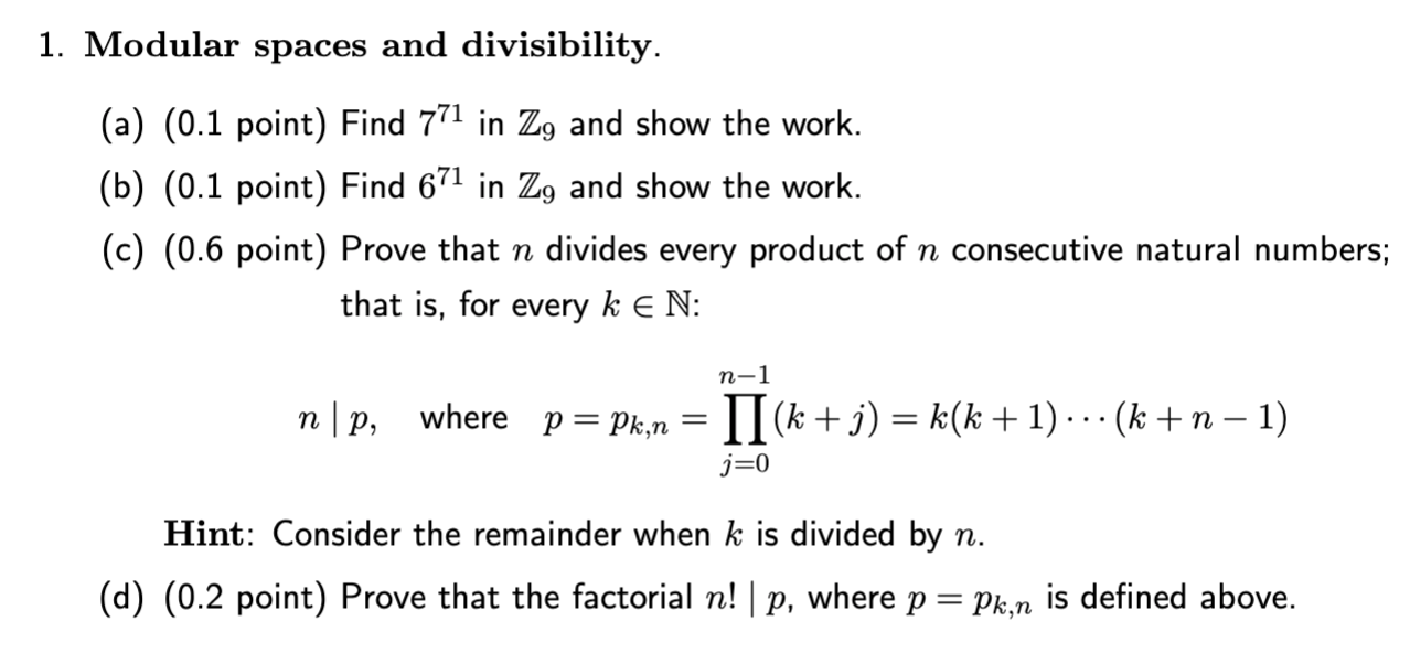 Solved 1. Modular spaces and divisibility. (a) (0.1 point) | Chegg.com