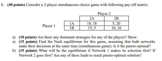 Solved 1. (40 points) Consider a 2-player simultaneous | Chegg.com