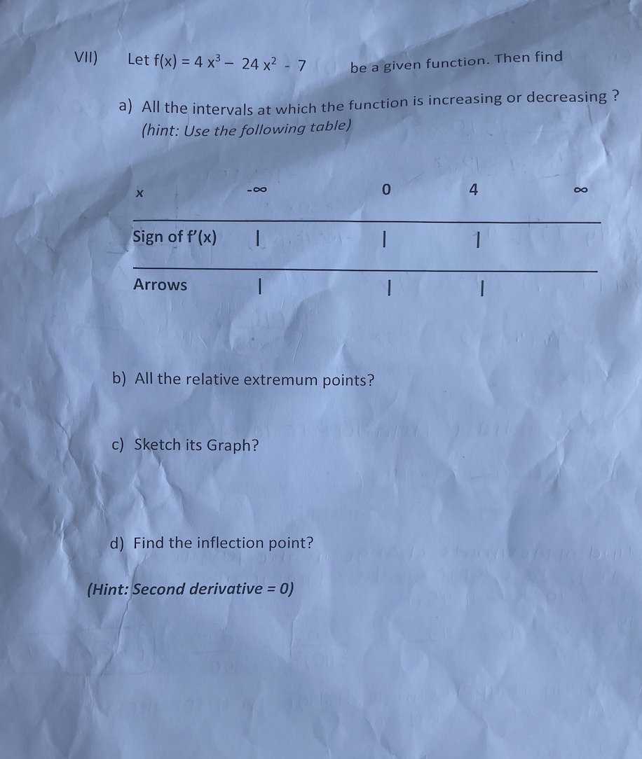 Solved VII) Let f(x)=4x3−24x2−7 be a given function. Then | Chegg.com