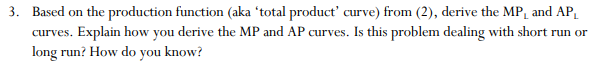 Solved Based on the production function (aka 'total product' | Chegg.com
