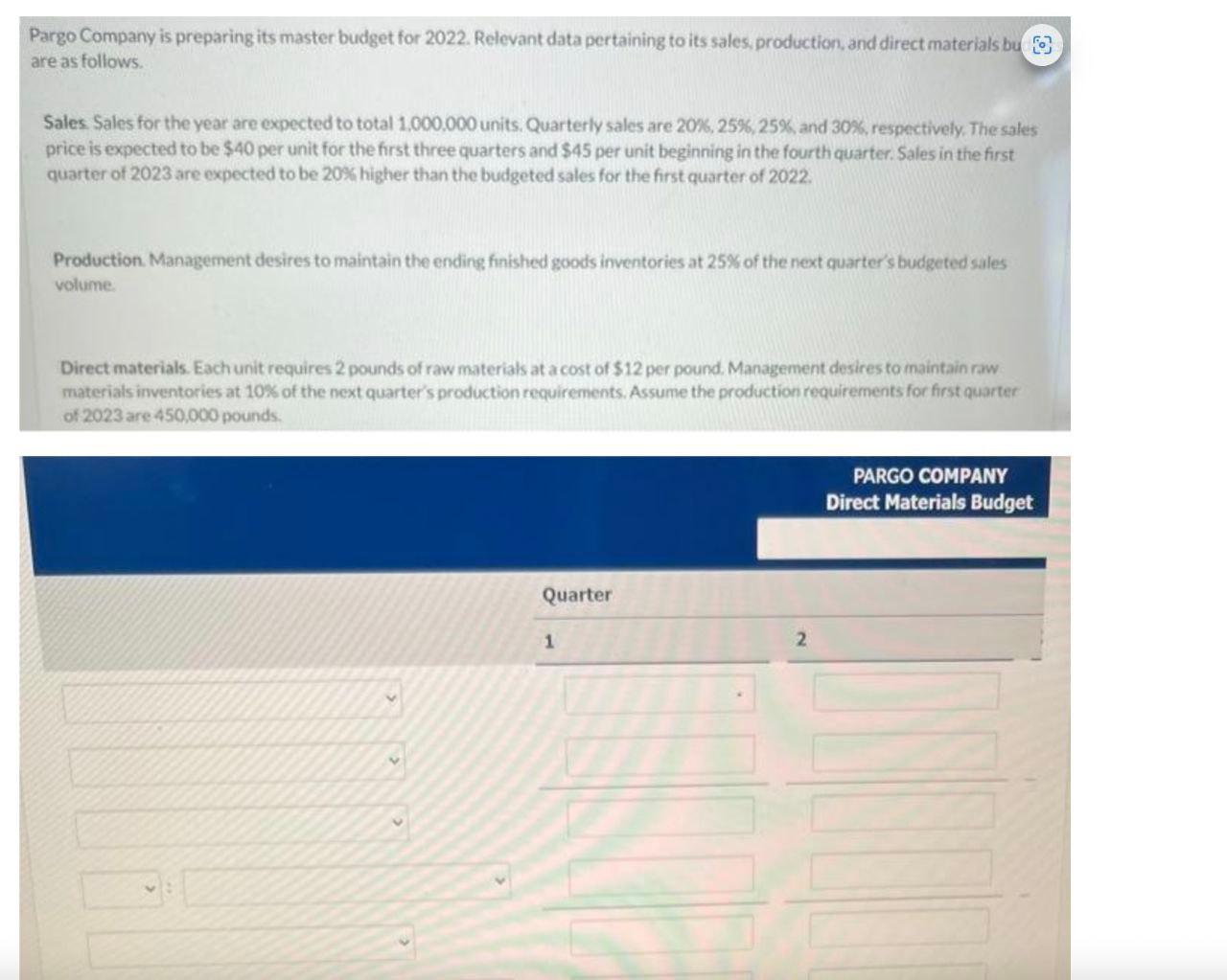 Solved Pargo Company is preparing its master budget for | Chegg.com