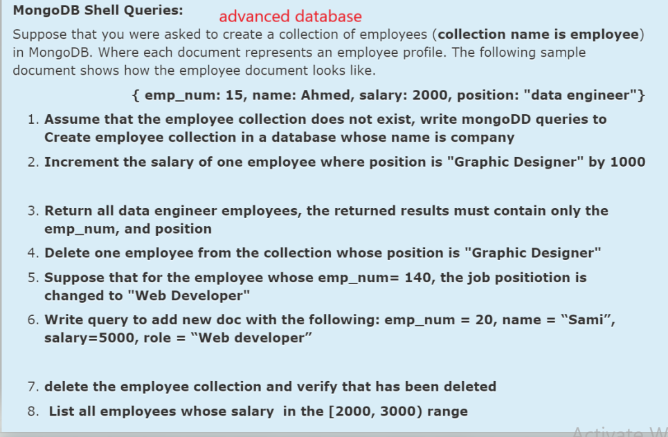 Solved MongoDB Shell Queries: advanced database Suppose that | Chegg.com