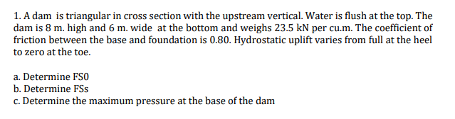 Solved 1. A dam is triangular in cross section with the | Chegg.com