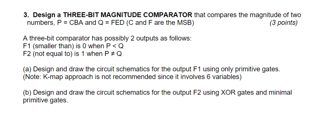 Solved 3. Design a THREE-BIT MAGNITUDE COMPARATOR that | Chegg.com