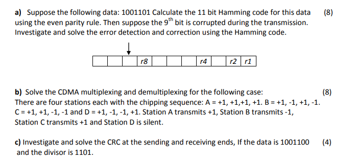 (8) a) Suppose the following data: 1001101 Calculate | Chegg.com