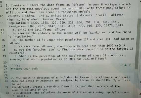 Solved 1 1. Create and store the data frame as 'dframe' in | Chegg.com