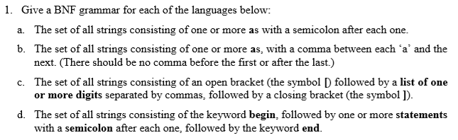 Solved 1. Give a BNF grammar for each of the languages | Chegg.com