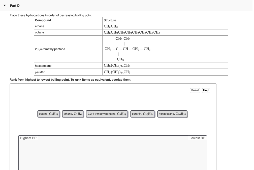 Solved Part D Place these hydrocarbons in order of | Chegg.com