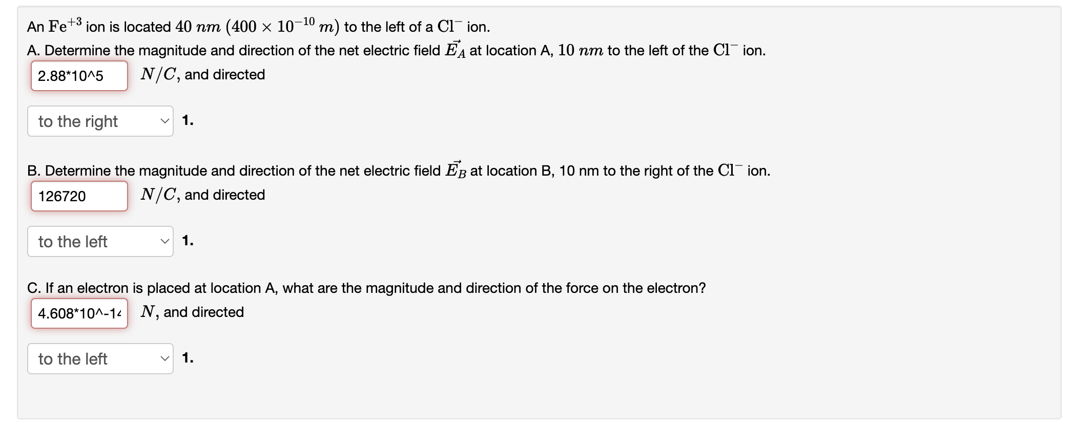 Solved An Fe+3 ion is located 40 nm(400×10−10 m) to the left | Chegg.com