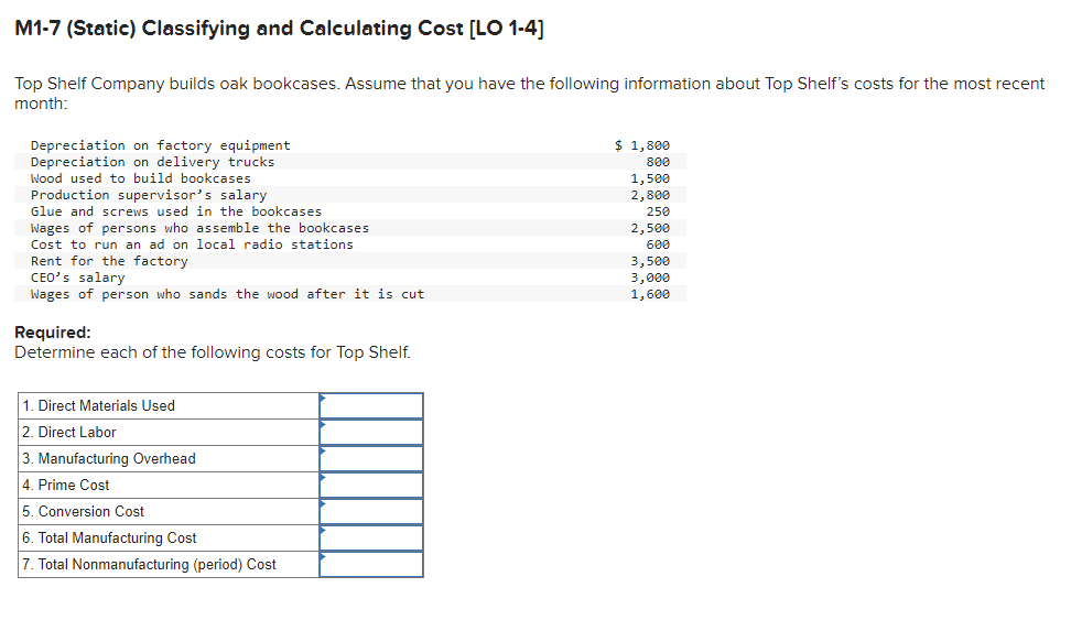 Solved M1-7 (Static) Classifying and Calculating Cost [LO | Chegg.com