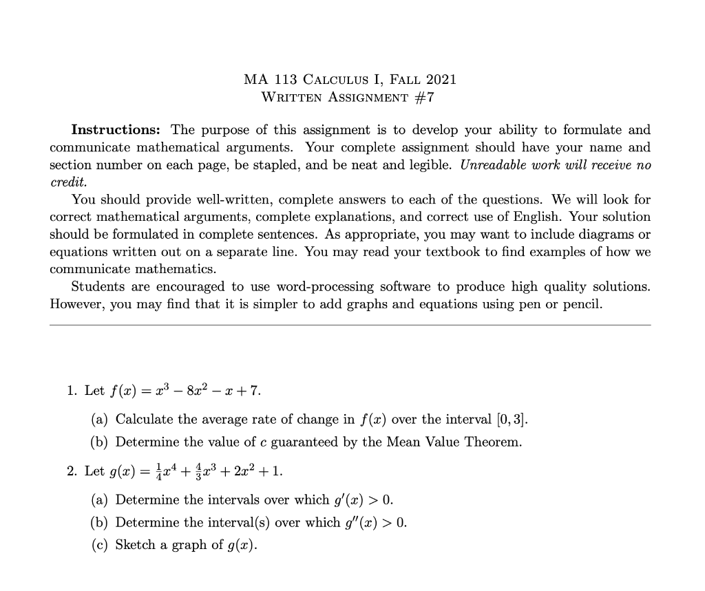 Solved MA 113 CALCULUS I, FALL 2021 WRITTEN ASSIGNMENT #7 | Chegg.com