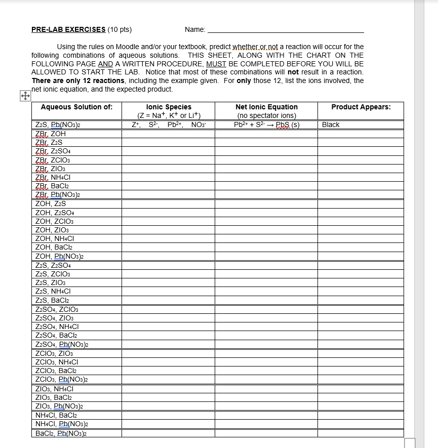 Solved PRE-LAB EXERCISES (10 pts) Name: Using the rules on | Chegg.com