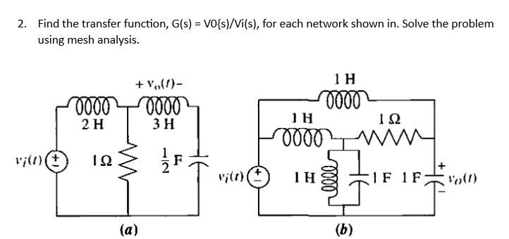 Solved 2. Find the transfer function, G(s)=V0{ s)/Vi(s), for | Chegg.com