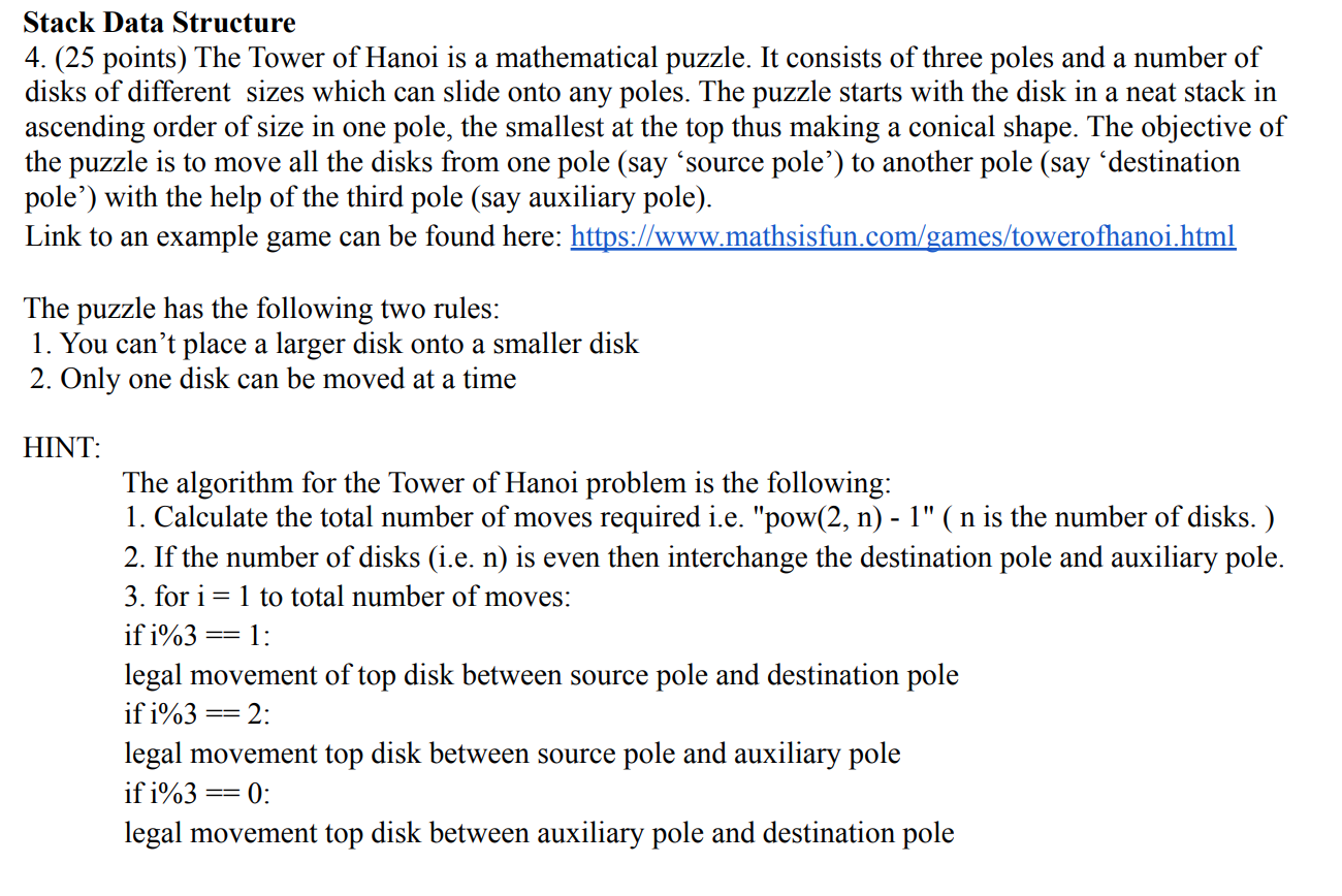 Solved 4. ( 25 points) The Tower of Hanoi is a mathematical | Chegg.com