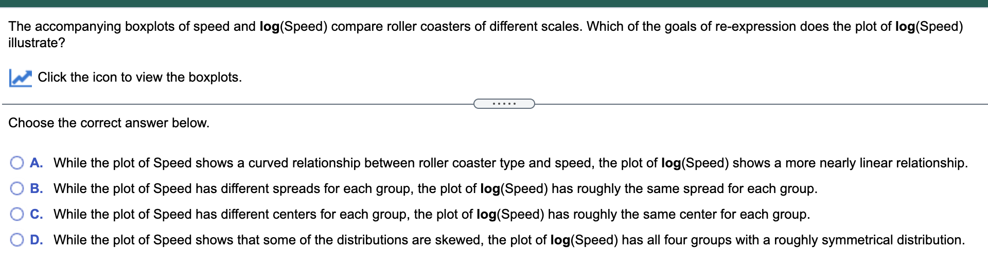 Solved The accompanying boxplots of speed and log(Speed) | Chegg.com