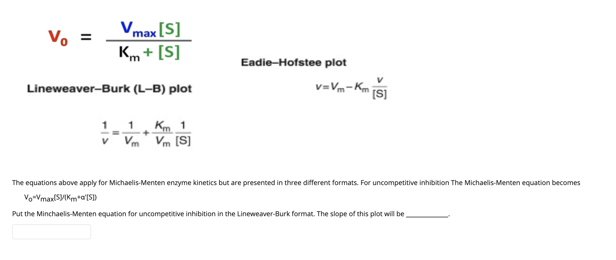 Solved Vmax [S] Vo = Km + [S] Eadie-Hofstee plot | Chegg.com