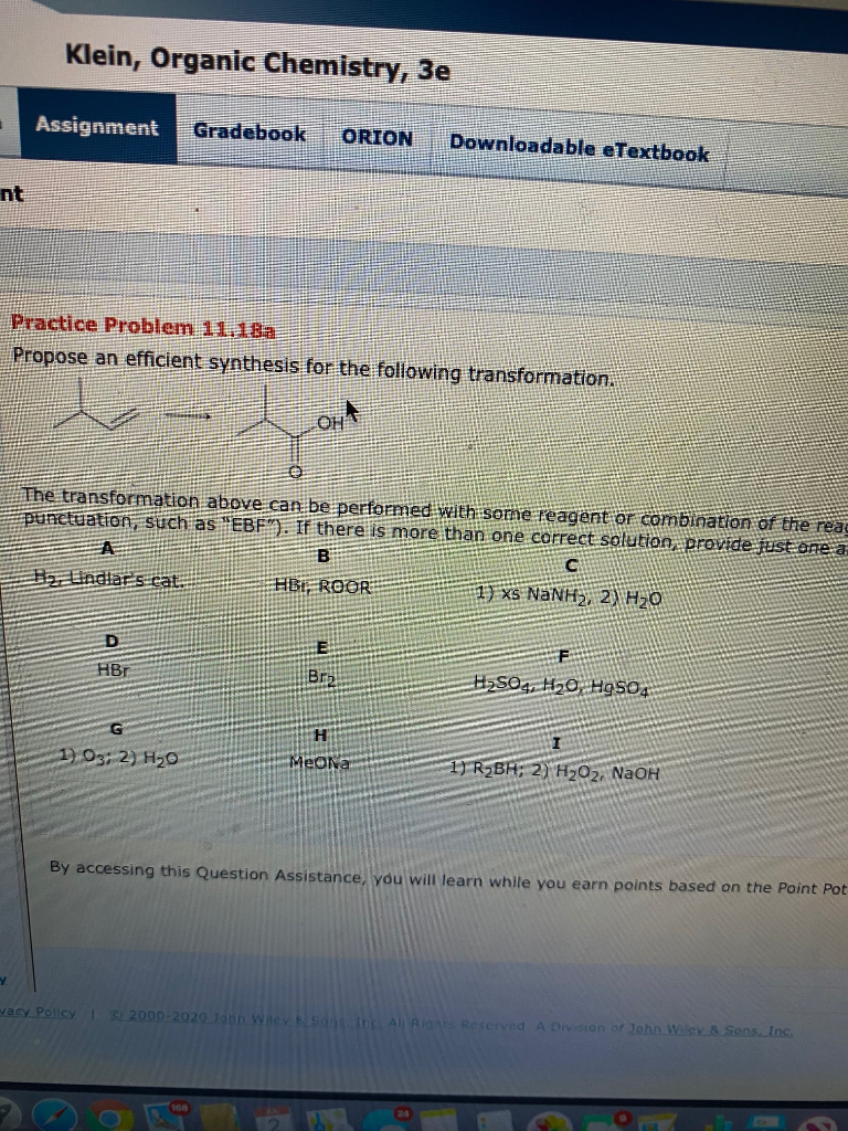 Solved Klein, Organic Chemistry, 3e Assignment Gradebook | Chegg.com