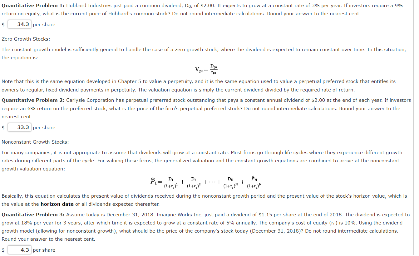 Solved Quantitative Problem 1: Hubbard Industries just paid | Chegg.com