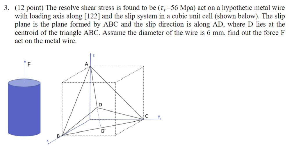 Solved 3. (12 point) The resolve shear stress is found to be | Chegg.com