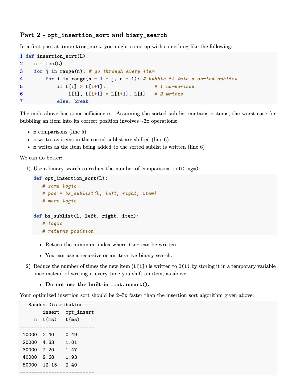 Solved Part 2 - opt_insertion_sort and biary_search In a | Chegg.com