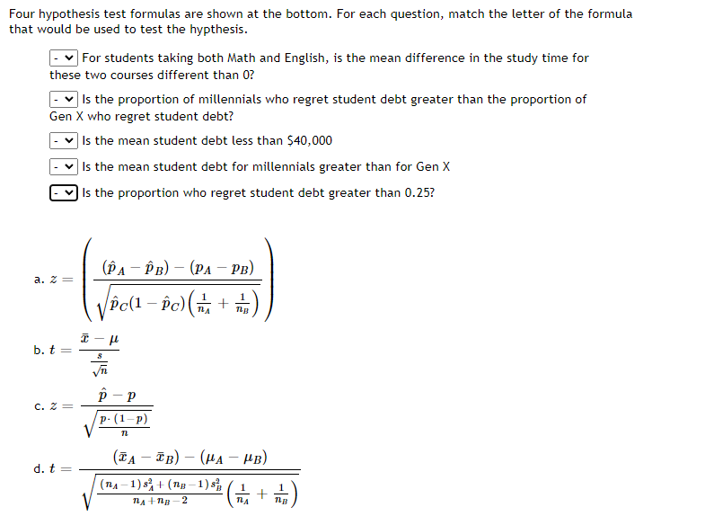 Solved Four hypothesis test formulas are shown at the | Chegg.com