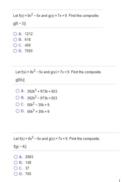 Solved Let f(x) 8x-5x and g(x) 7x+9. Find the composite | Chegg.com