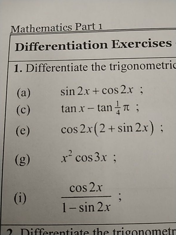 Solved Mathematics Part 1 Differentiation Exercises 1. | Chegg.com