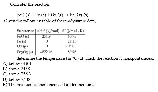 Solved Consider the reaction: FeO(s)+Fe(s)+O2( g)→Fe2O3( s) | Chegg.com