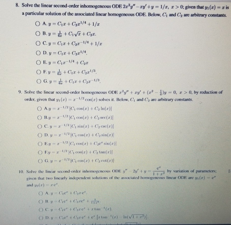 Solved 8. Solve the linear second-order inhomogeneous ODE | Chegg.com