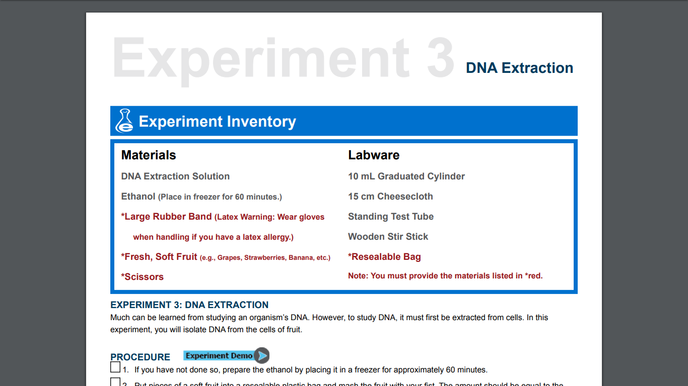 Solved Experiment DNA Extraction Experiment Inventory | Chegg.com