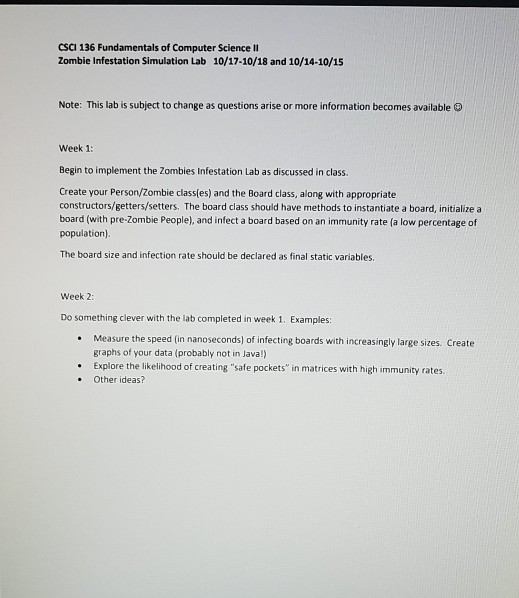CSCI 136 Fundamentals of Computer Science II Zombie | Chegg.com