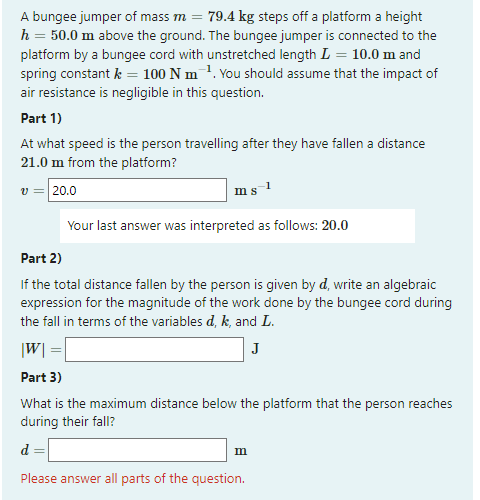 Solved A bungee jumper of mass m=79.4 kg steps off a | Chegg.com