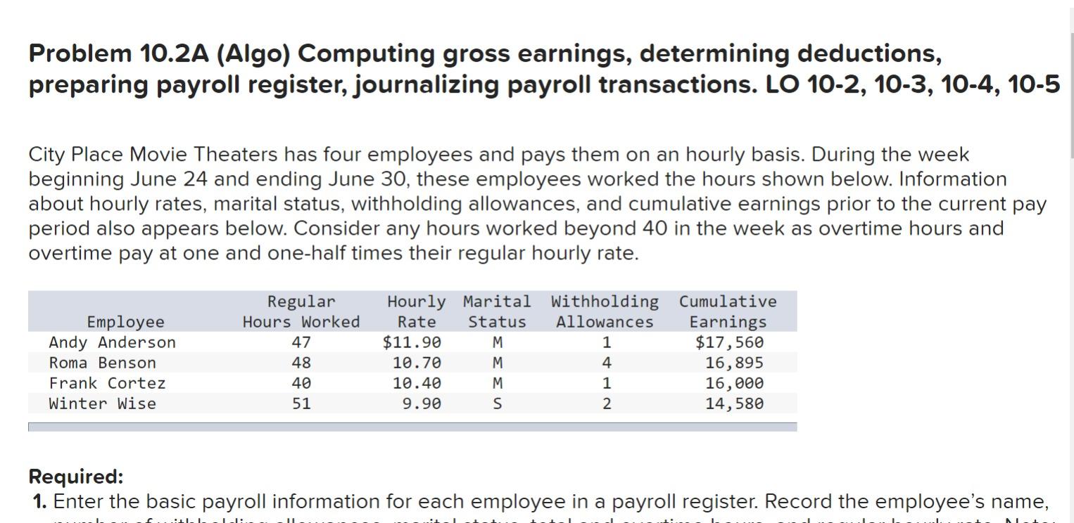 Problem 10.2A (Algo) Computing gross earnings, | Chegg.com