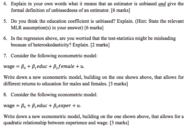 Solved Consider the following econometric model wage = ?0 + | Chegg.com
