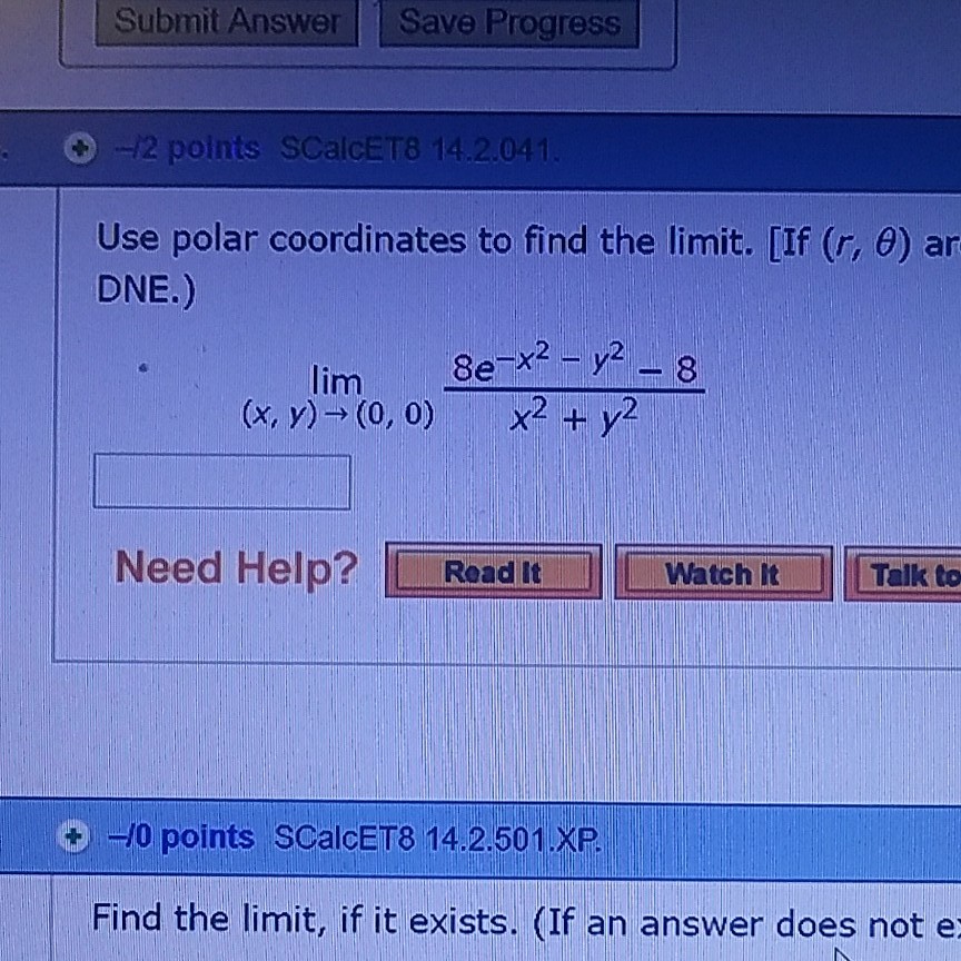 Solved Submit Answer Save Progress 2 points SCalcET8 | Chegg.com