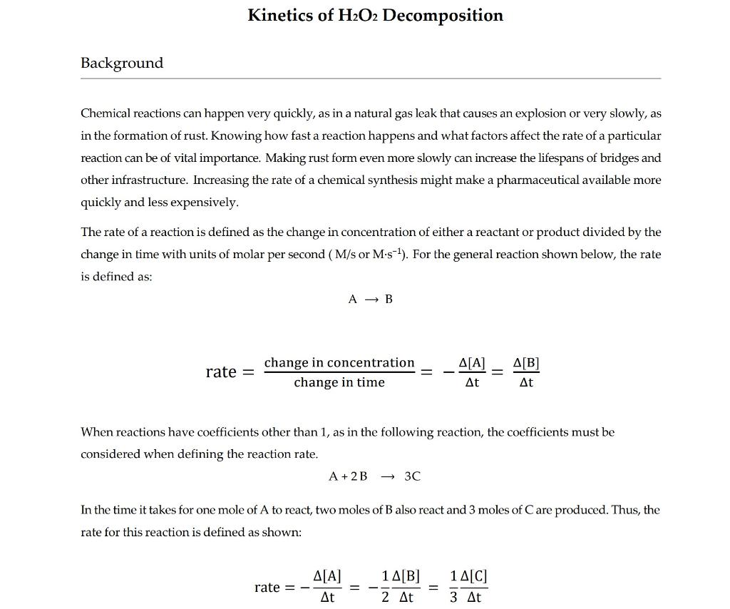 Kinetics of H2O2 Decomposition Background Chemical | Chegg.com