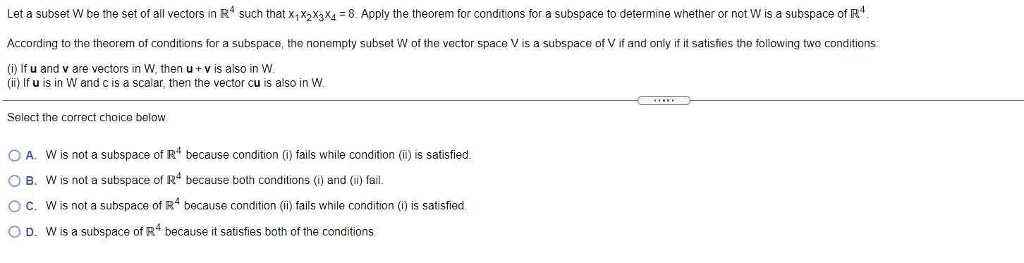 Solved Let a subset W be the set of all vectors in R4 such | Chegg.com